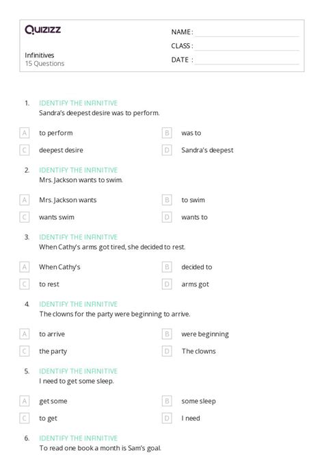 50 Infinitives Worksheets For 8th Class On Quizizz Free And Printable