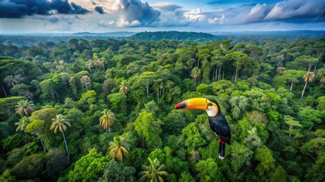Aerial View Of Colorful Toucan In The Ecuadorian Amazon Rainforest