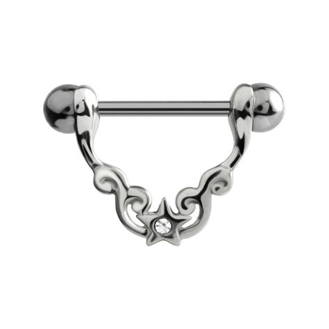 Jewelled Star Sterling Silver And Steel Nipple Stirrup Clear