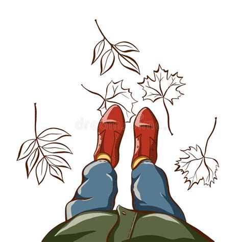 Selfie Of Famel Legs In Red Shoes Standing On Black White Leaves Stock
