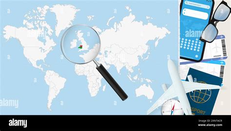 Wales Is Magnified Over A World Map Illustration With Airplane