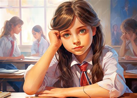 Premium Ai Image Young Girl Sits In A School Classroom Surrounded By