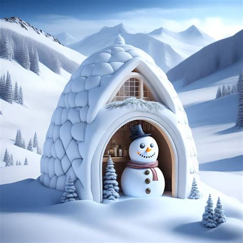 Snowman Igloo In Mountainous Terrain Christmas Wallpaper Stock