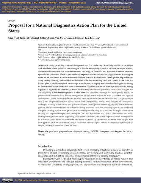 Pdf Proposal For A National Diagnostics Action Plan For The United States