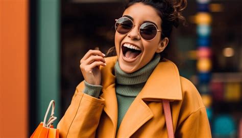 Premium Ai Image One Cheerful Young Woman Outdoors Wearing Sunglasses