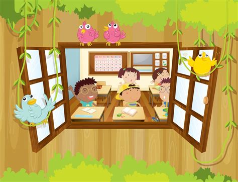 Students Inside The Classroom With Birds At The Window 361159 Vector