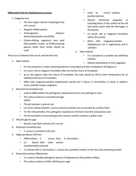 Staphylococcus Aureus 2 • Differential Tests For Staphylococcus