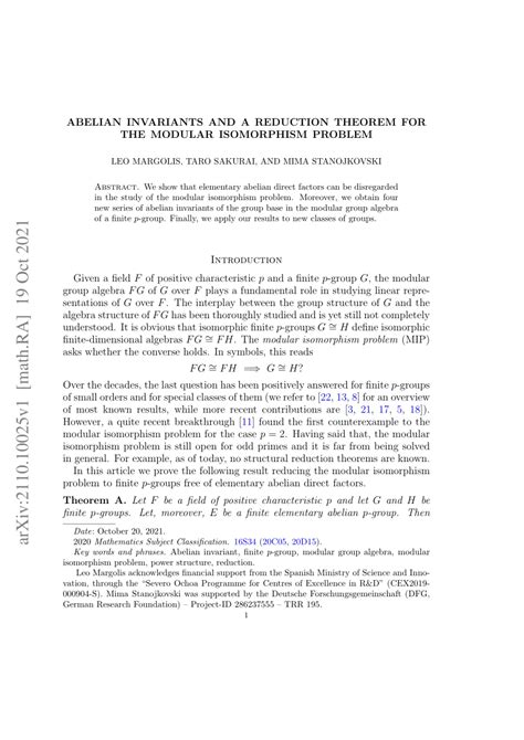 Pdf Abelian Invariants And A Reduction Theorem For The Modular