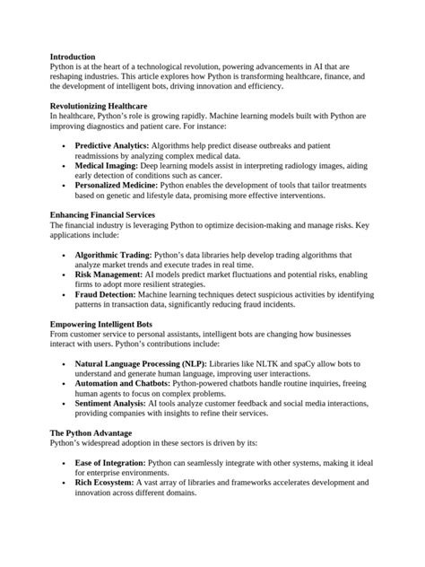 Python And Ai Transforming Healthcare Finance And Bots Pdf Artificial Intelligence