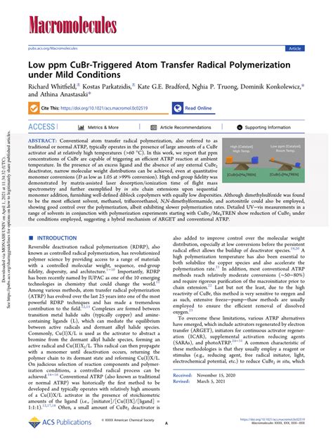 Pdf Low Ppm Cubr Triggered Atom Transfer Radical Polymerization Under