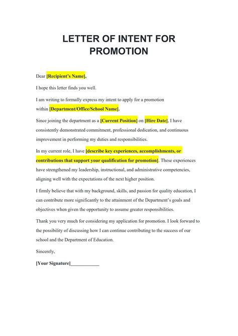 Letter Of Intent For Promotion Free Customizable Pdf Template