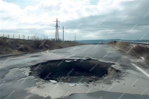Premium Photo Large Dangerous Road Pothole With Water Inside