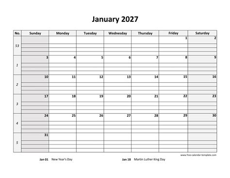 January 2027 Calendar Free Printable With Grid Lines Designed