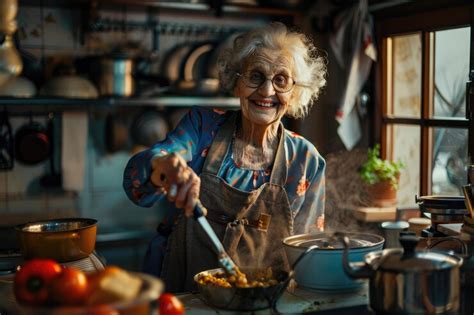 Old Italian Grandma Cooking Traditional Food In Her Kitchen And Smiling
