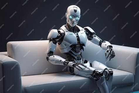 A Male Humanoid Robot Android Or Cyborg Sitting On Comfortable Couch
