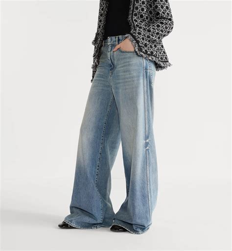 Flared Jeans Blue Stonewashed Cotton Denim With Dior Oblique Interior