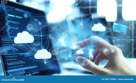 Hand Interacts With Cloud Computing Network Data Visualized On Screens Use Tech Website Stock