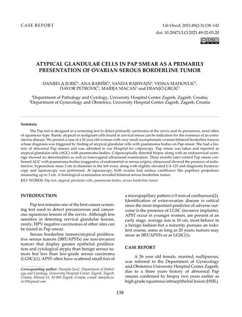 Pdf Atypical Glandular Cells In Pap Smear As A Primarily Presentation