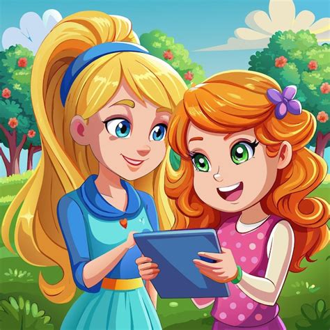 Una Imagen De Dibujos Animados De Dos Chicas Jugando Un Juego Con Una