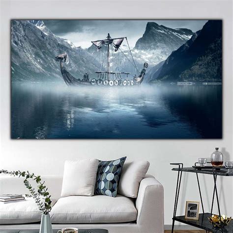Viking Ship Canvas Print Viking Ship In Misty Fjord With Snow Capped