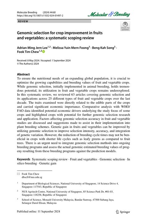 Pdf Genomic Selection For Crop Improvement In Fruits And Vegetables A Systematic Scoping Review
