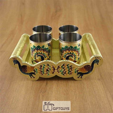 Meenakari Pacock Designed Tray With 4 Glass T Guys