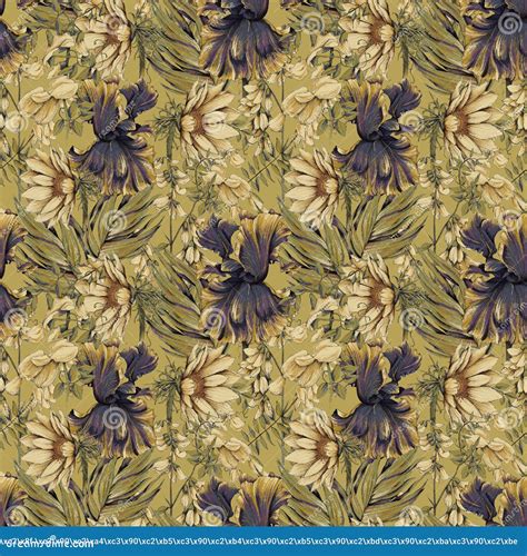 Pattern With Flowers And Leaves On Green Background Stock Illustration Illustration Of Digital