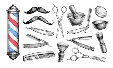 Barbershop Set Shaving And Haircut Accessories Vintage Style Ink