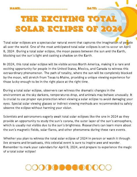 Total Solar Eclipse Of 2024 Reading Comprehension Packet Tpt