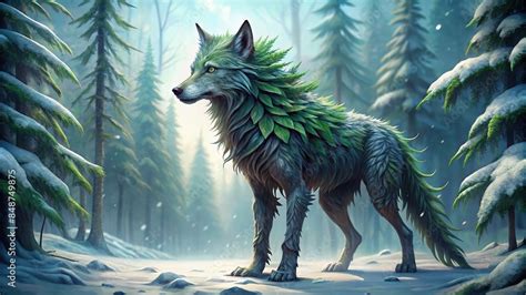 Mythical Wolf With Leaf Fur Towering Over A Snowy Forest With Massive
