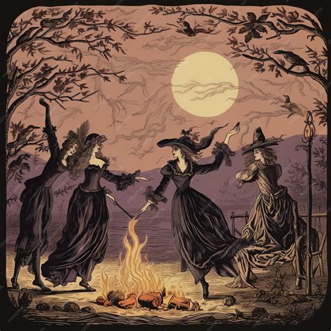 Beautiful Watercolor Witches Dancing Around A Bonfire Digital Paper