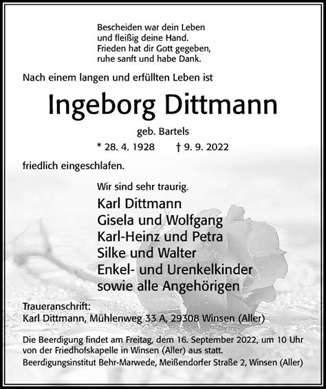 Traueranzeigen Von Ingeborg Dittmann Trauerportal Der Celleschen Zeitung