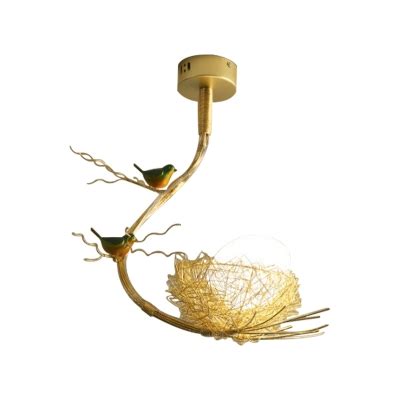 Frosted Glass Oval Ceiling Light With Nest And Bird Art Deco 1 Light