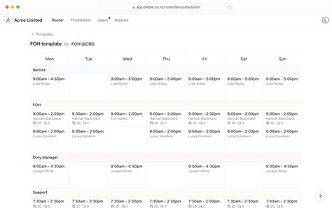 Rostering Templates Timble