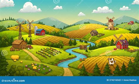 Windmills Barns Silo Cartoon Vector Set Stone Wooden Farmhouses