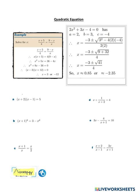 Quadratic Equation Interactive Activity Live Worksheets