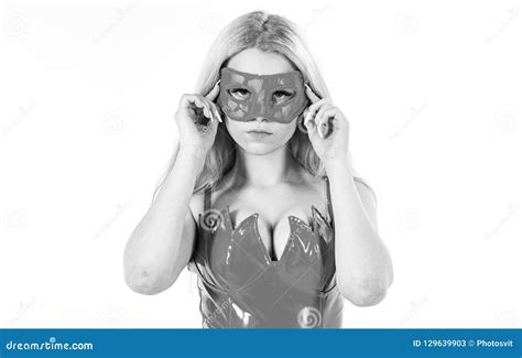 Demon Girl With Long Hair Wears Mask Lady Sexi Dressed As Demon White Background Girl Demon