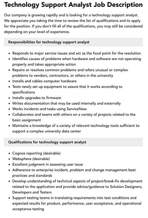 Technology Support Analyst Job Description Velvet Jobs