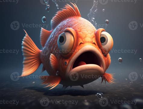 Funny Fish Character With Big Eyes Surprised Emotion Concept Swimming