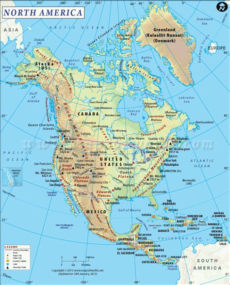 United States And Canada Physical Map Printable Map