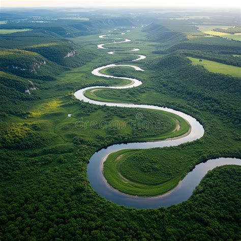 Aerial View Of A Winding River Meandering Through A Lush Green