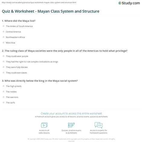 Quiz And Worksheet Mayan Class System And Structure