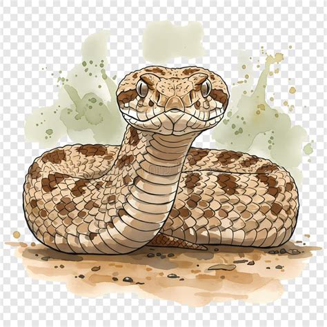 Watercolor Front Facing Viper Snake Illustration With Coiled Body On
