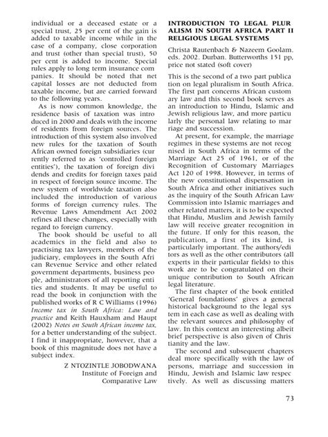 Church 2003 Introduction To Legal Pluralism In South Africa Part Ii Religious Legal Systems