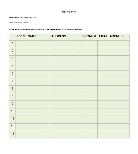 Excel Sign Up Template