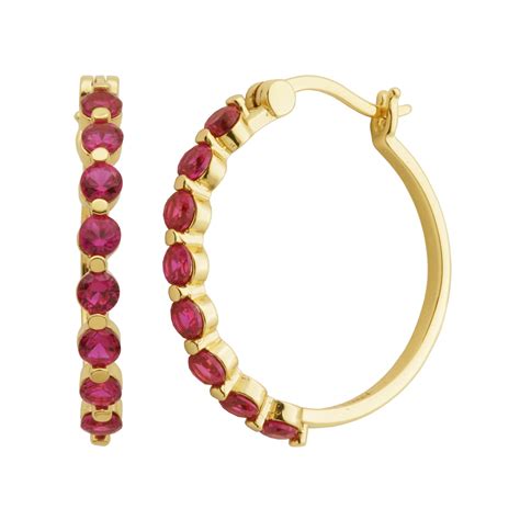 18k Yellow Gold Over Sterling Silver Synthetic Red Ruby Hoop Earrings