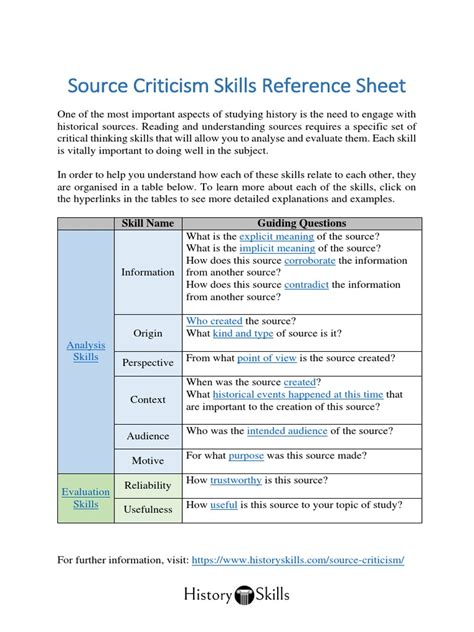 Source Criticism Skills Reference Sheet Skill Name Guiding Questions Pdf