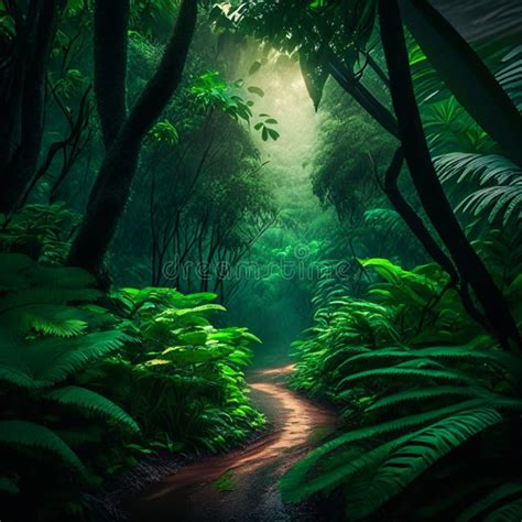 Fantasy Green Forest With Path And Pathway 3d Illustration Generative Ai Stock Illustration