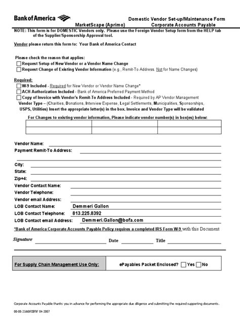 Domestic Vendor Setup Form Pdf
