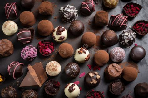Assortment Of Bite Sized Chocolate Truffles In Various Shapes And